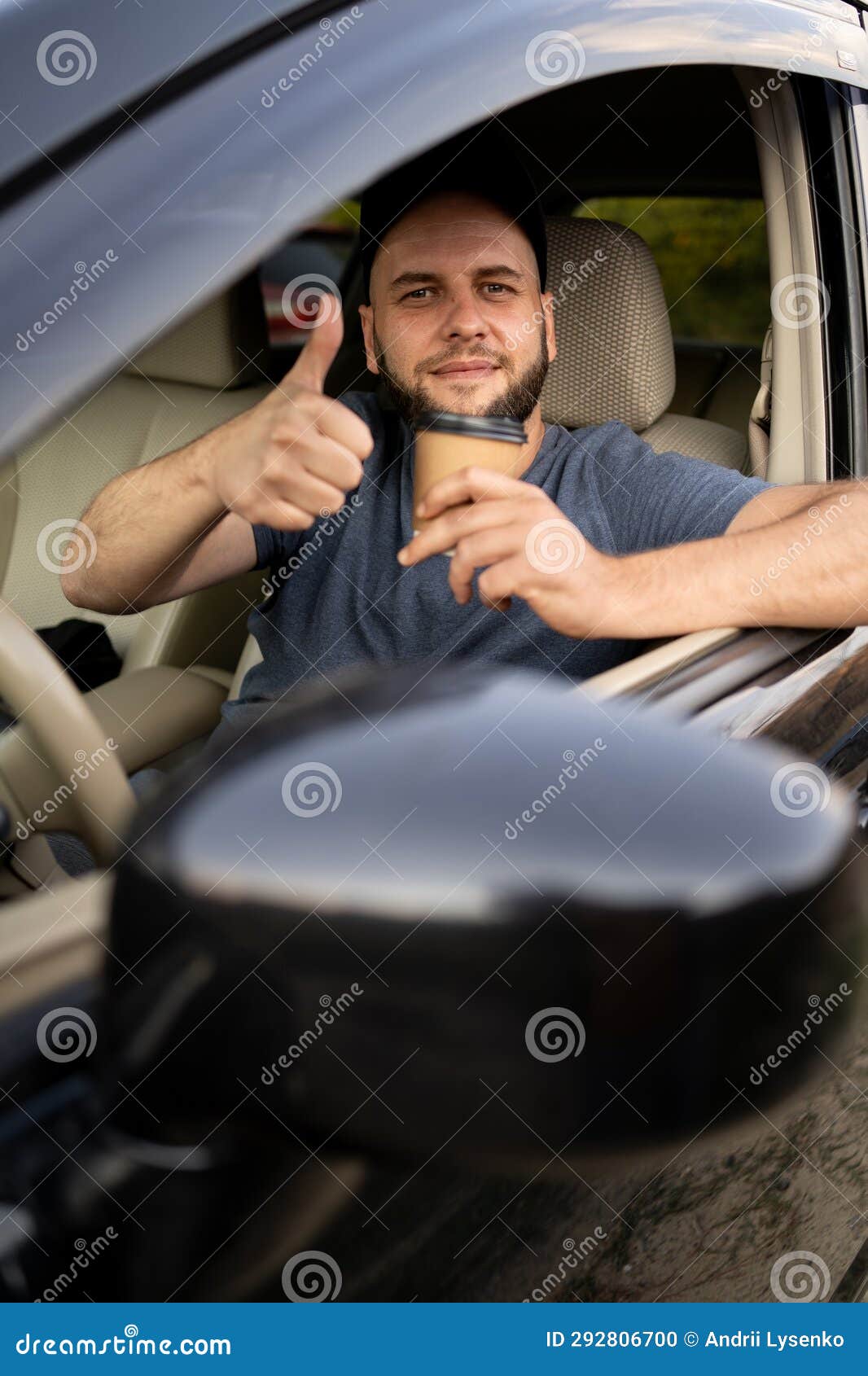 Driver in Car Drinking Coffee and Showing Thumbs Up Stock Photo - Image ...