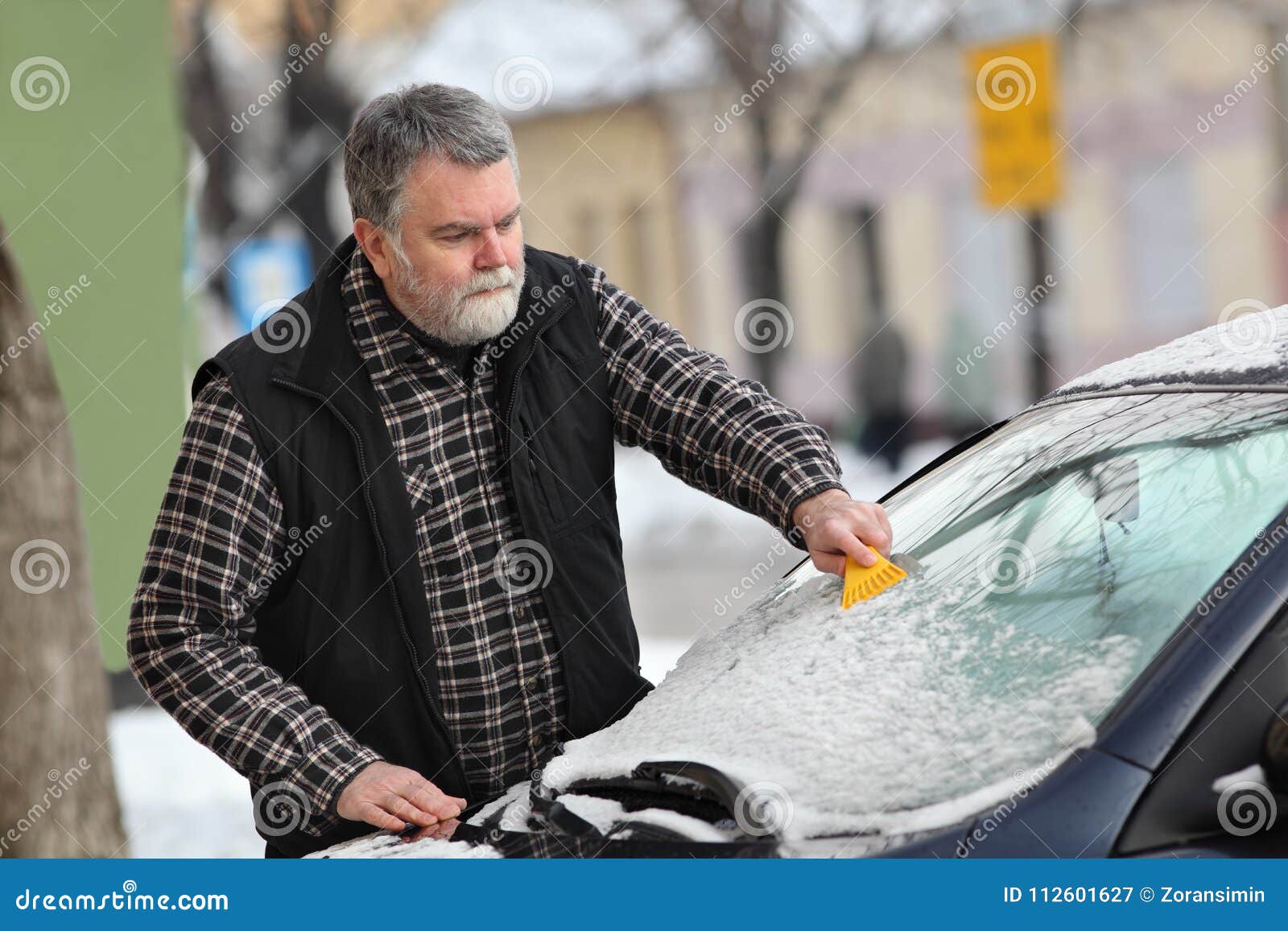 Winter Scene, Driver Cleaning Windshield of Car Stock Image - Image of ...