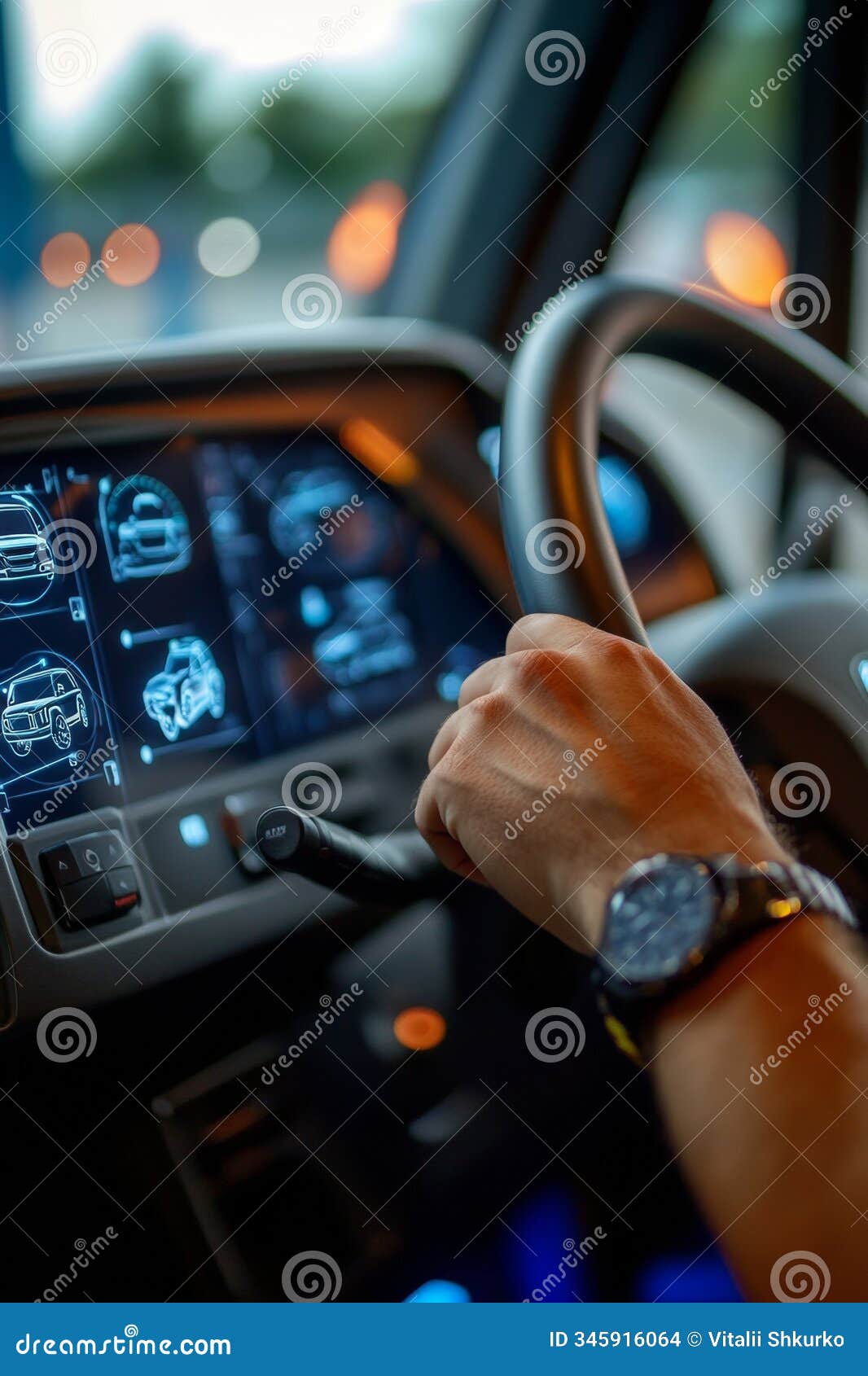 A Driver Grips the Steering Wheel while Interacting with a High-tech ...