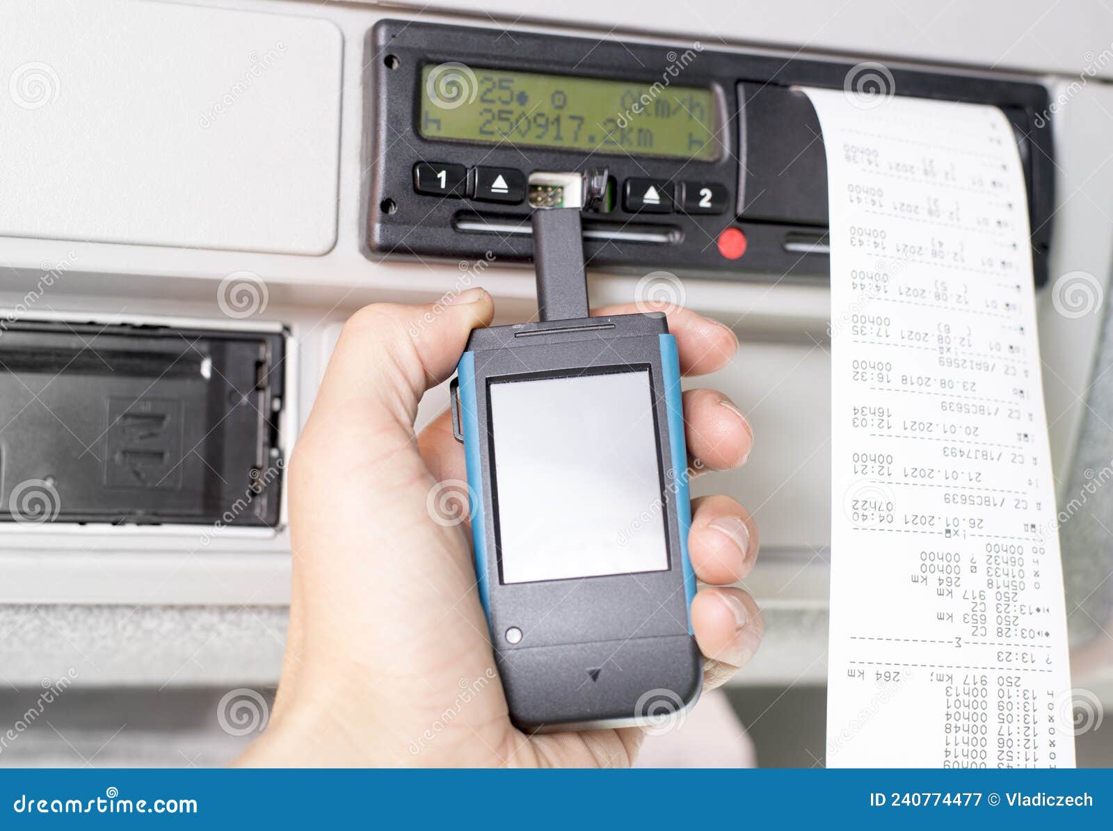 Driver Holding a Digital Tachograph Reader with Isolated White Screen ...