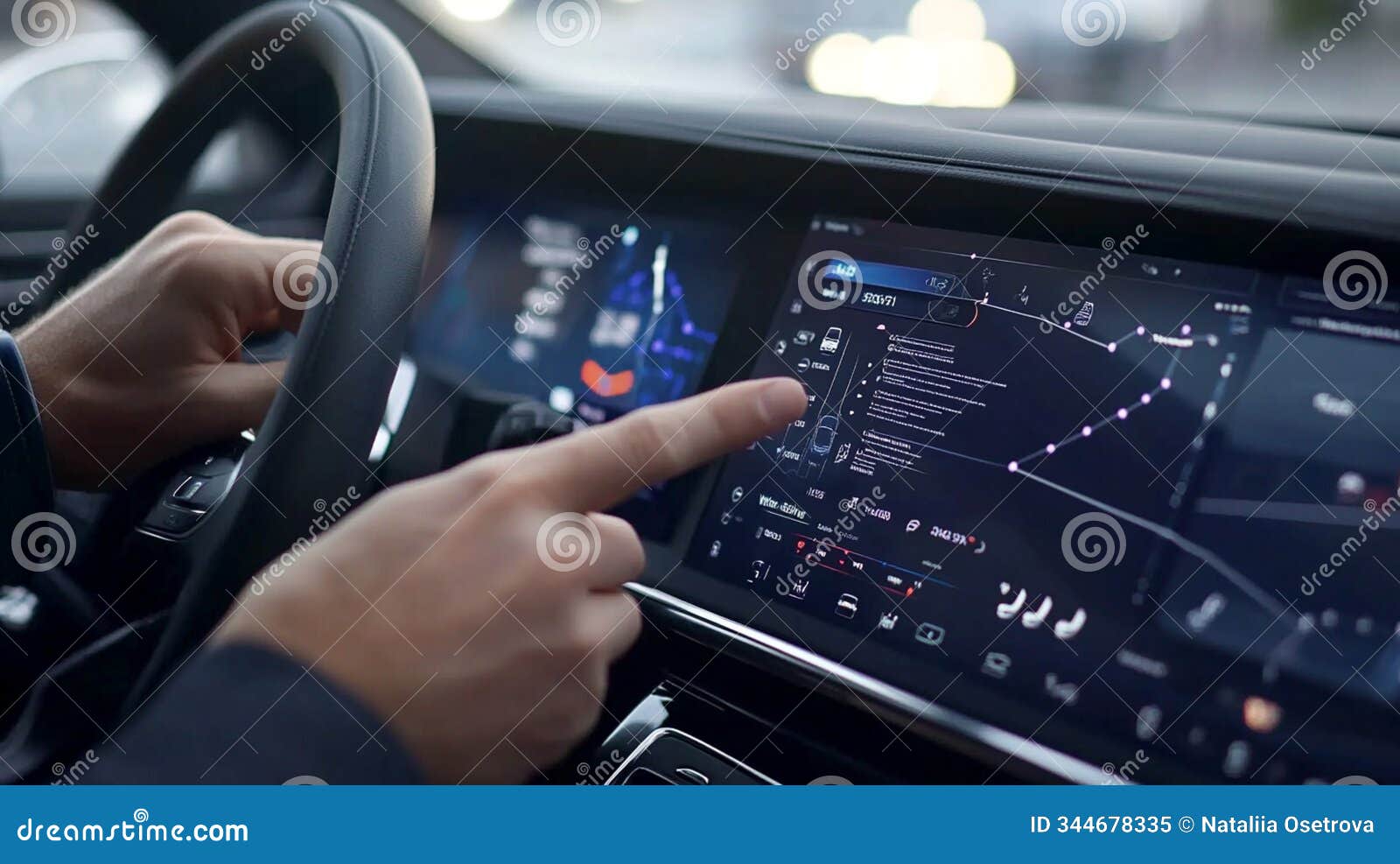 Driver Interacting with a Modern Car Touchscreen Interface, Showing ...