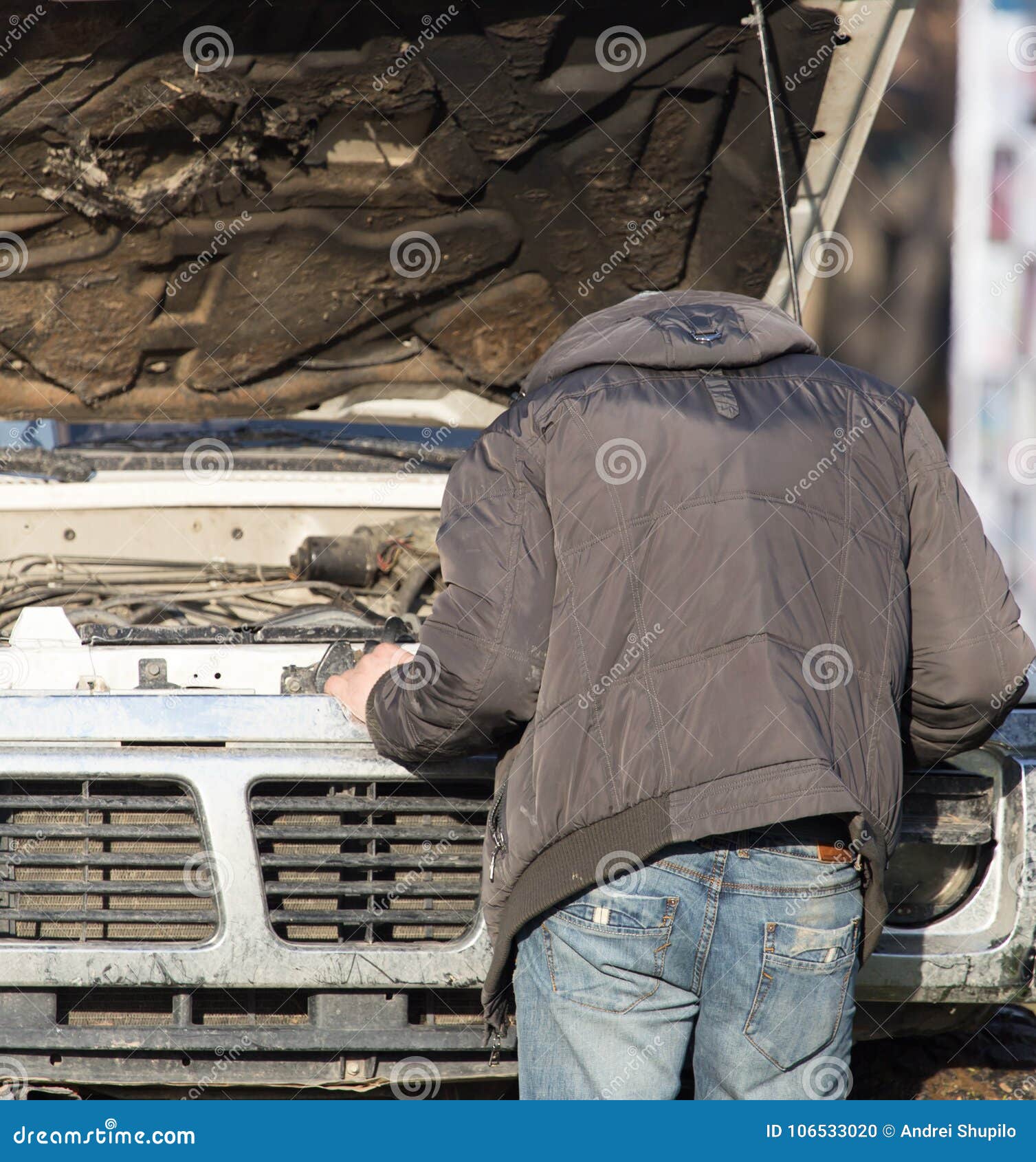 Driver looks broken car stock photo. Image of problem - 106533020