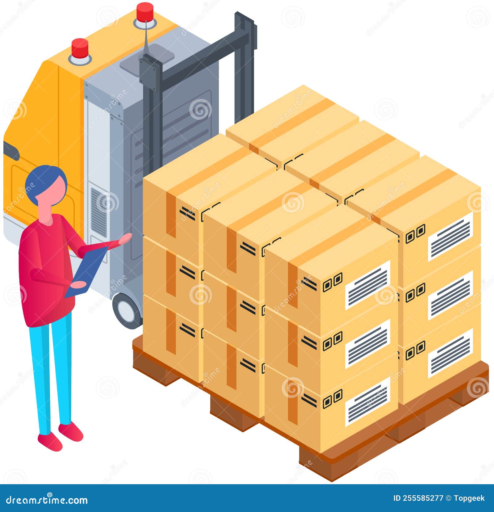 Driver Looks at Forklift with Boxes, Carriage of Cardboard Containers ...