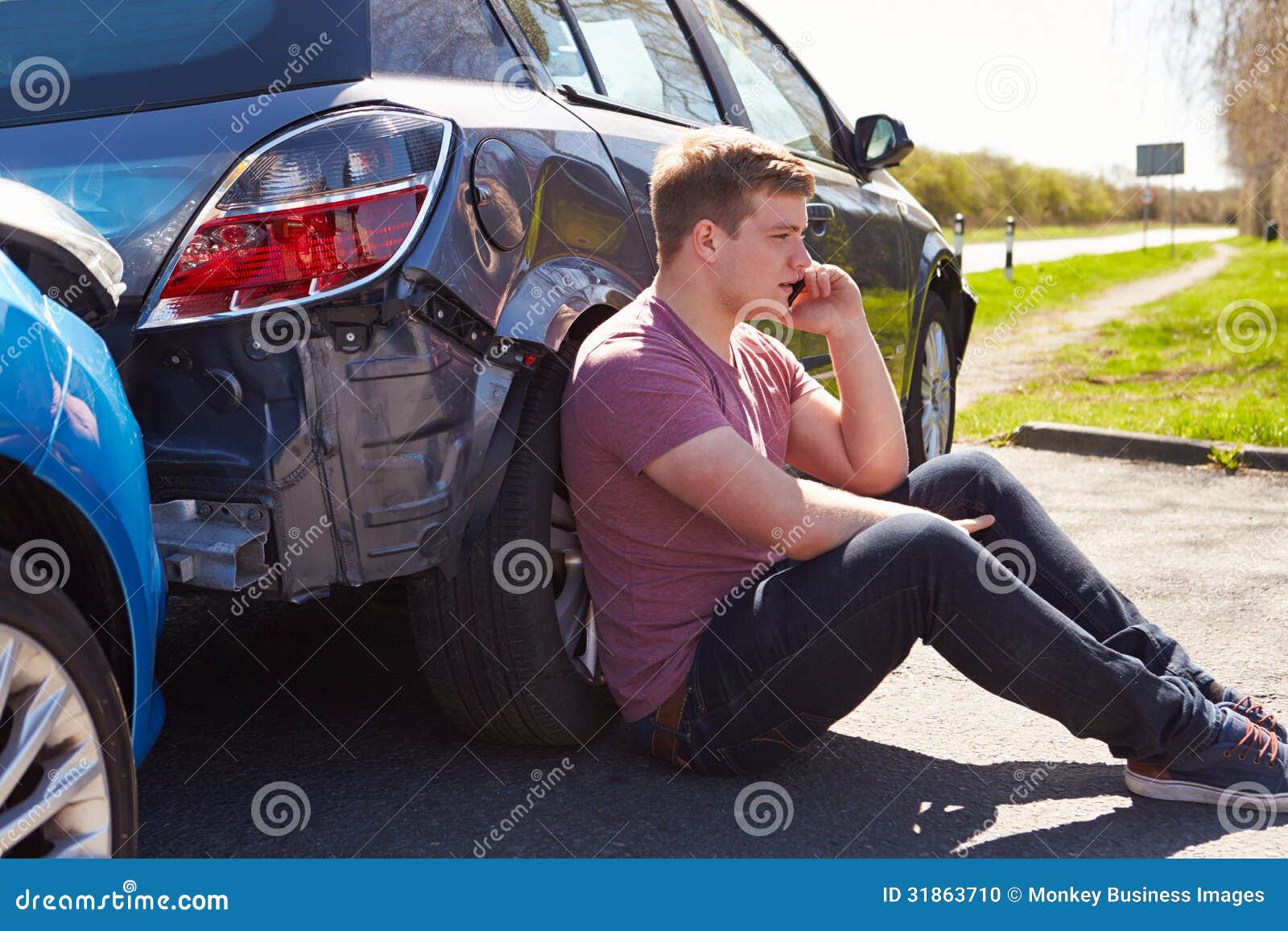 Driver Making Phone Call after Traffic Accident Stock Photo - Image of ...