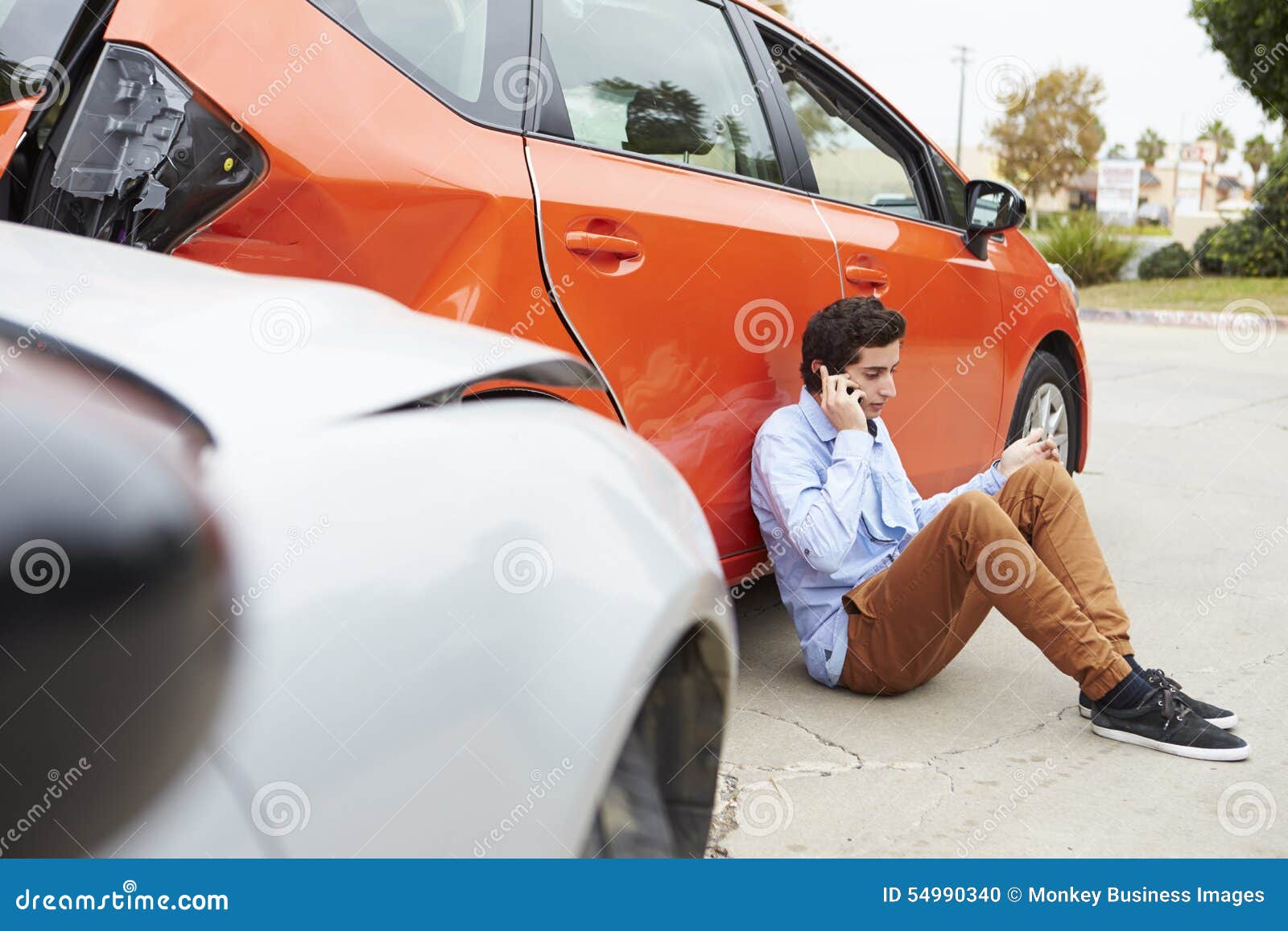 Driver Making Phone Call after Traffic Accident Stock Photo - Image of ...
