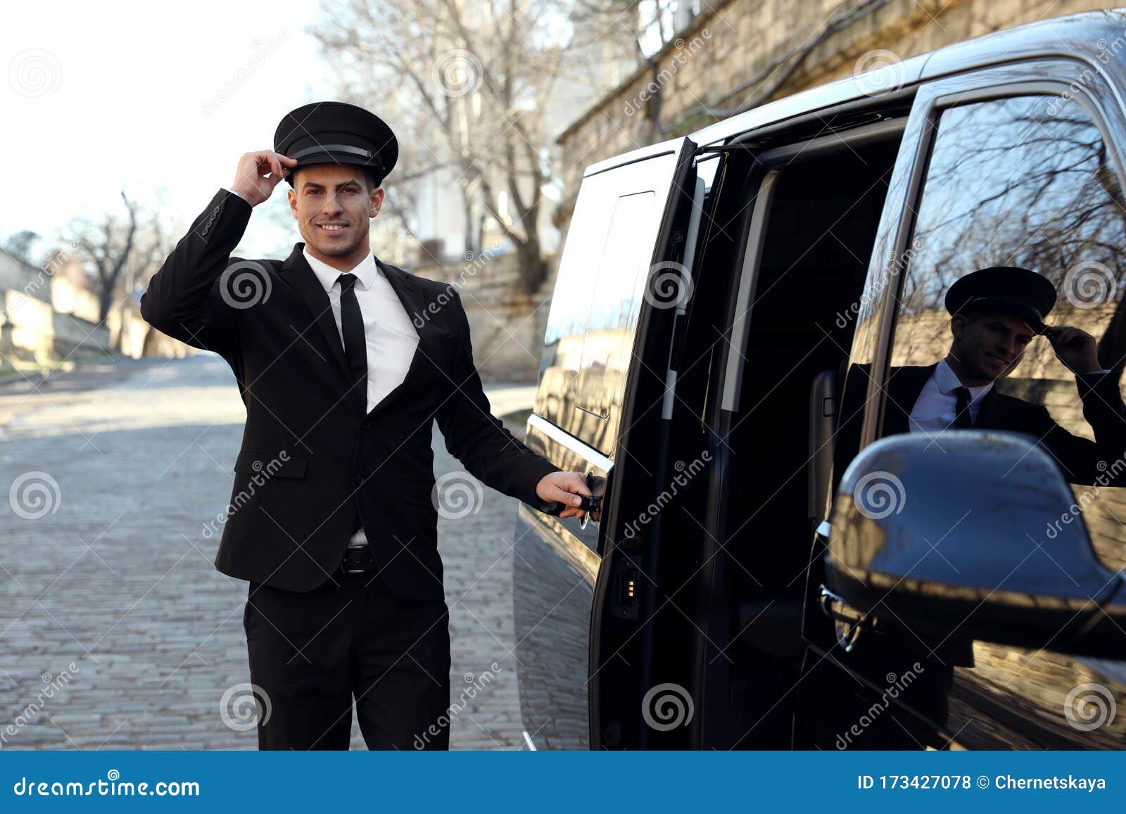 Driver Opening Door of Car. Chauffeur Service Stock Photo - Image of ...