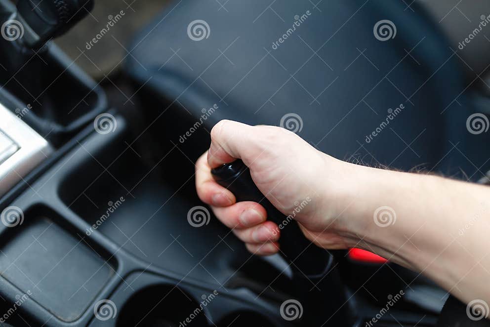 The Driver Pulls the Hand Brake Lever Stock Photo - Image of pulling ...