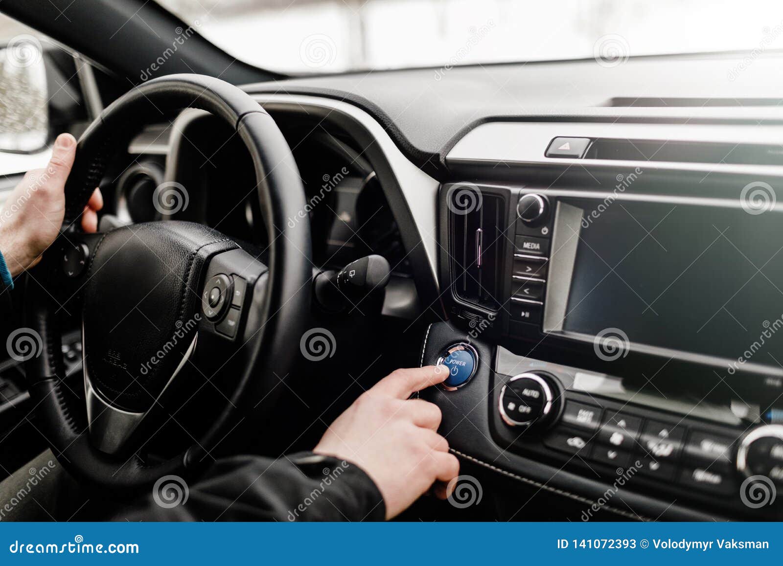 Driver Pushing Car Engine Start-stop Button in Modern Car. Stock Image ...