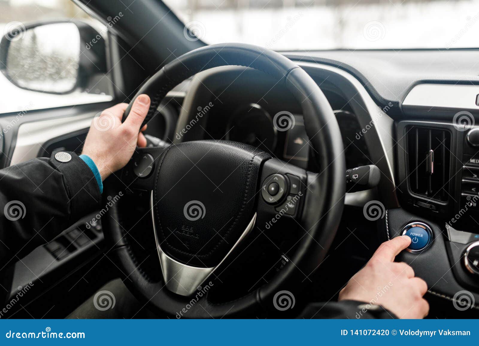 Driver Pushing Car Engine Start-stop Button in Modern Car. Stock Photo ...