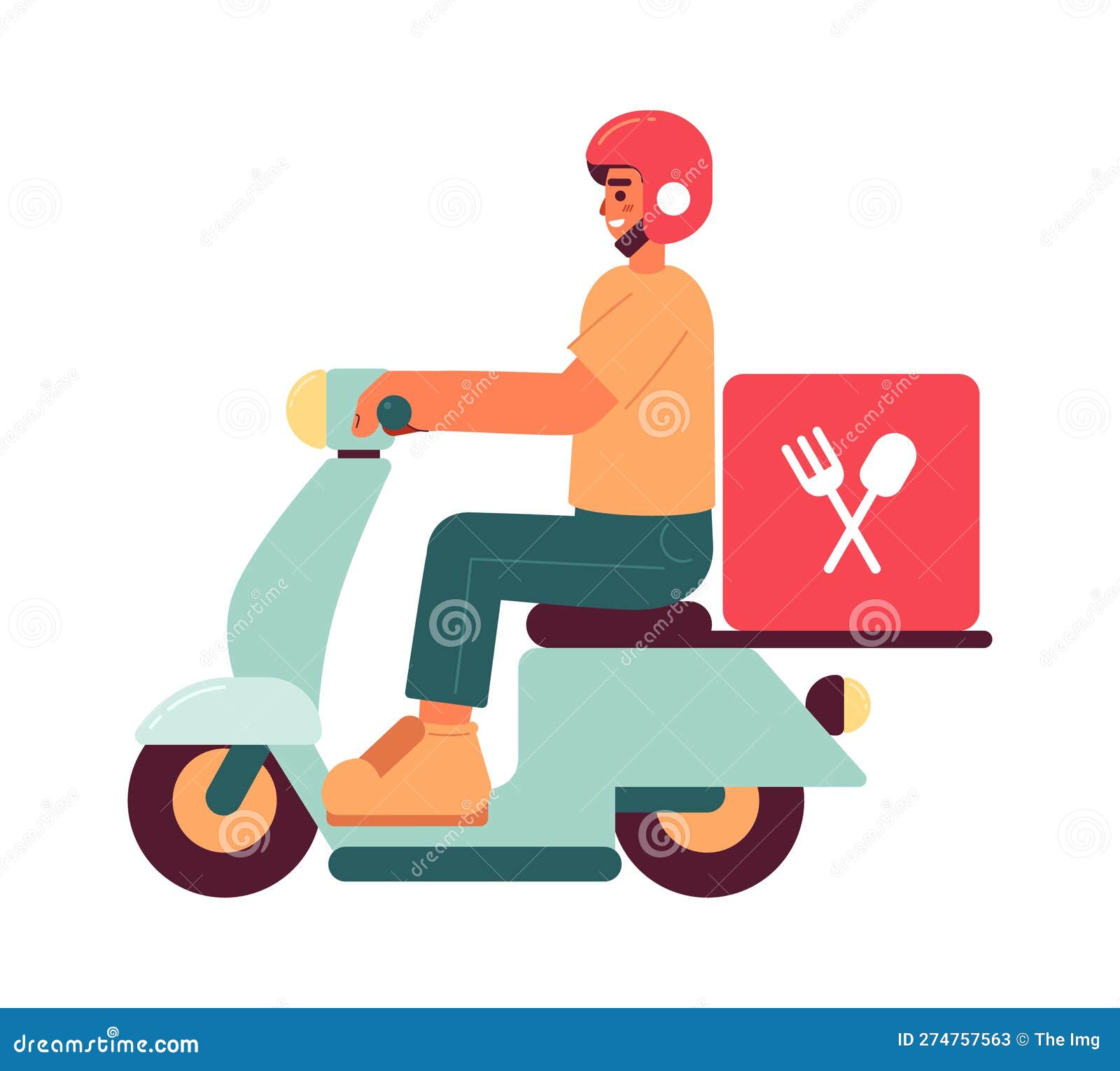 Driver Riding Fast Food Delivery Electric Moped Semi Flat Colorful