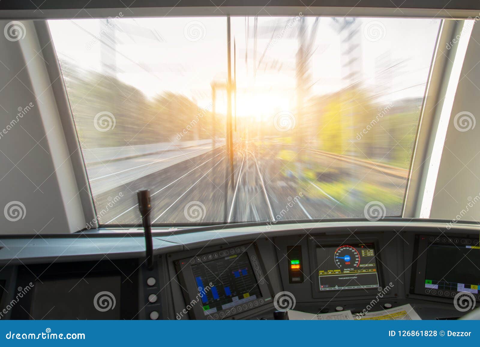 Driver`s Cab of Aspeed Passenger Train, View of the Railway with the ...