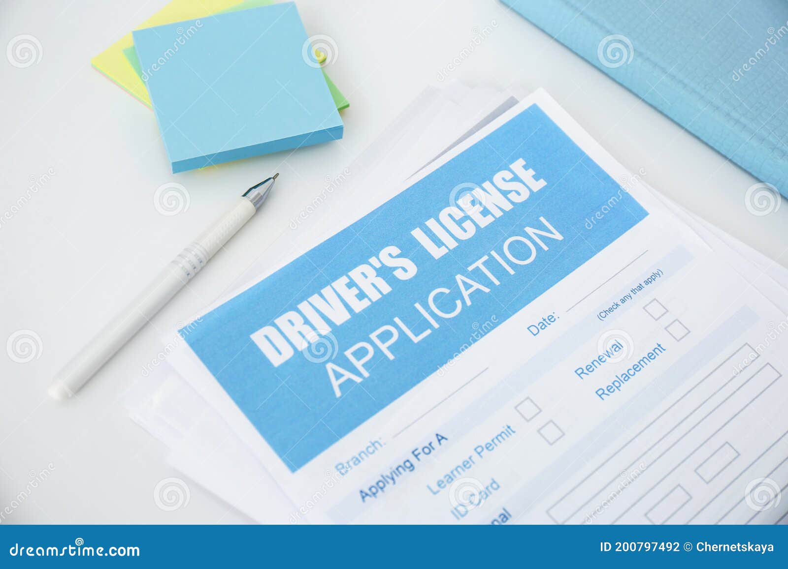Driver`s License Application Form and Stationery on White Table Stock ...