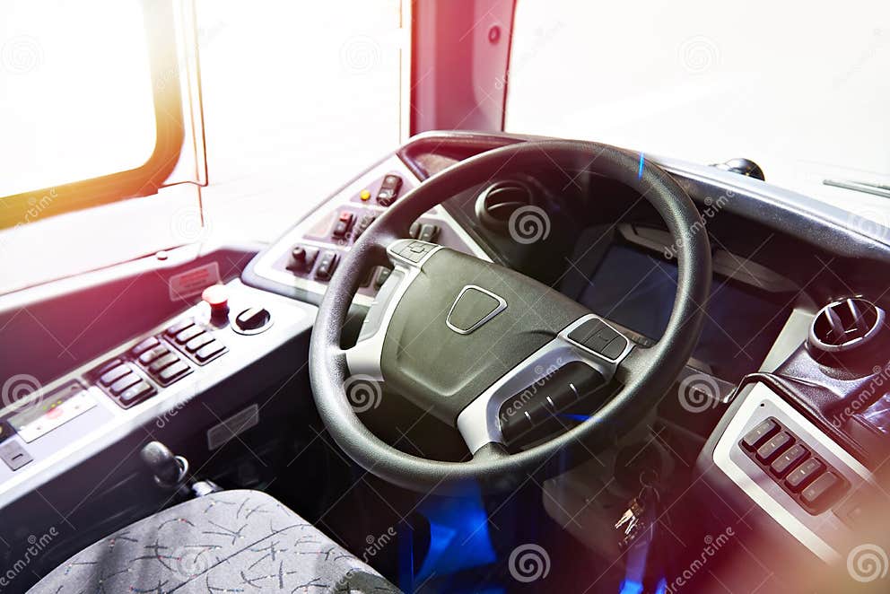 Driver Seat and Steering Wheel with Dashboard of Bus Stock Image ...