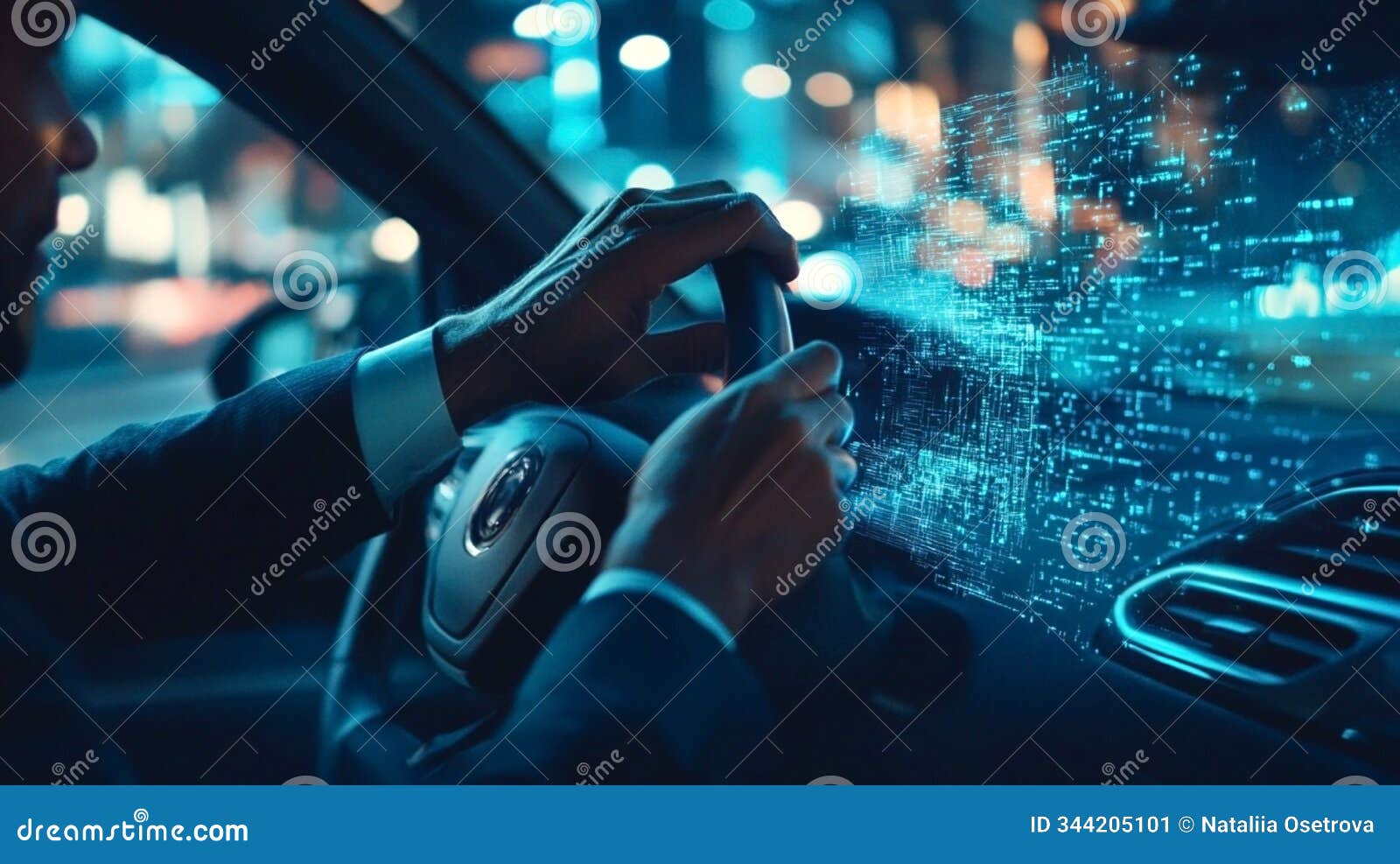 Driver Using Futuristic Digital Interface on Windshield, Symbolizing ...