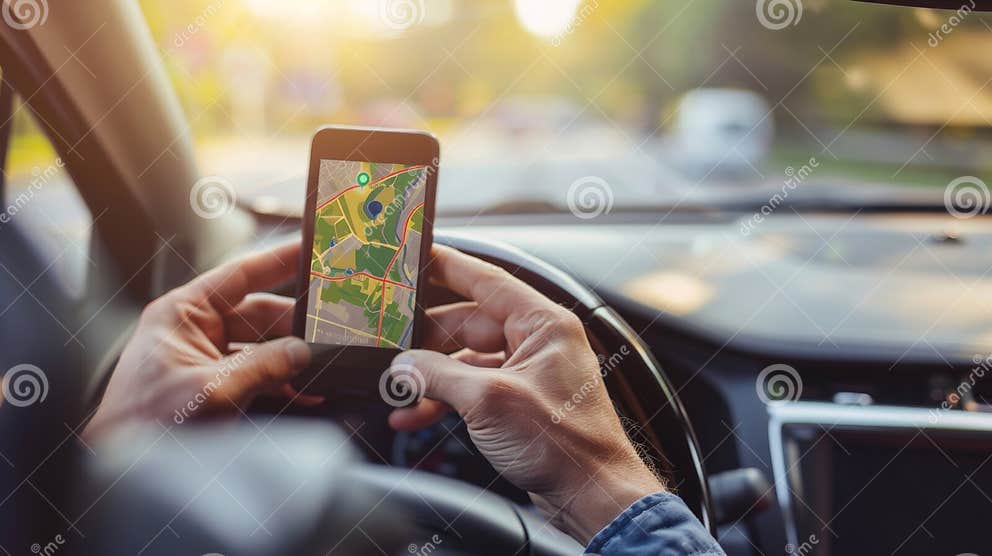 Driver Using GPS Navigation in Mobile Phone while Driving Car, Mobile ...