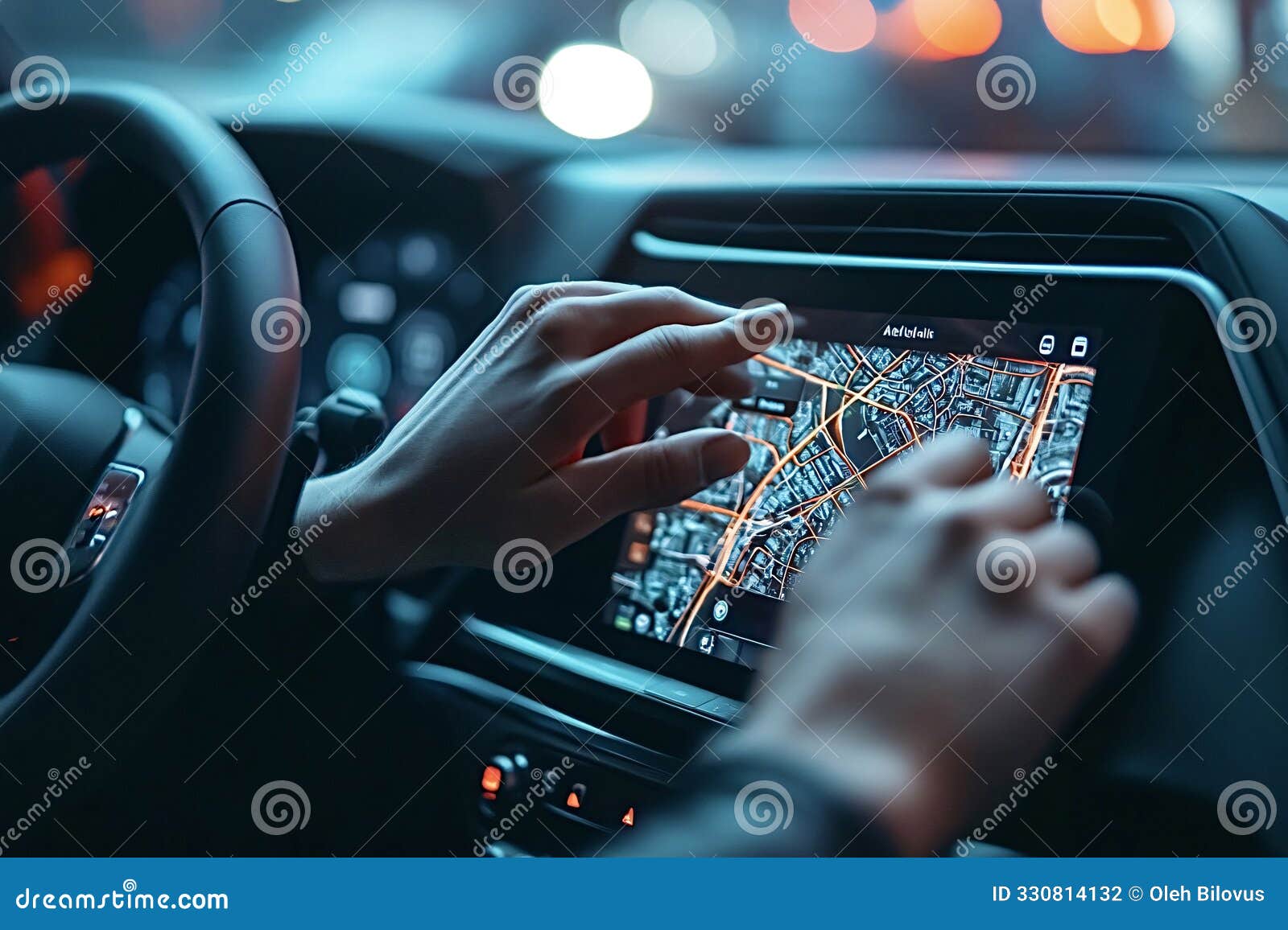 Driver Using Gps Navigation System on Car Dashboard at Night Stock ...