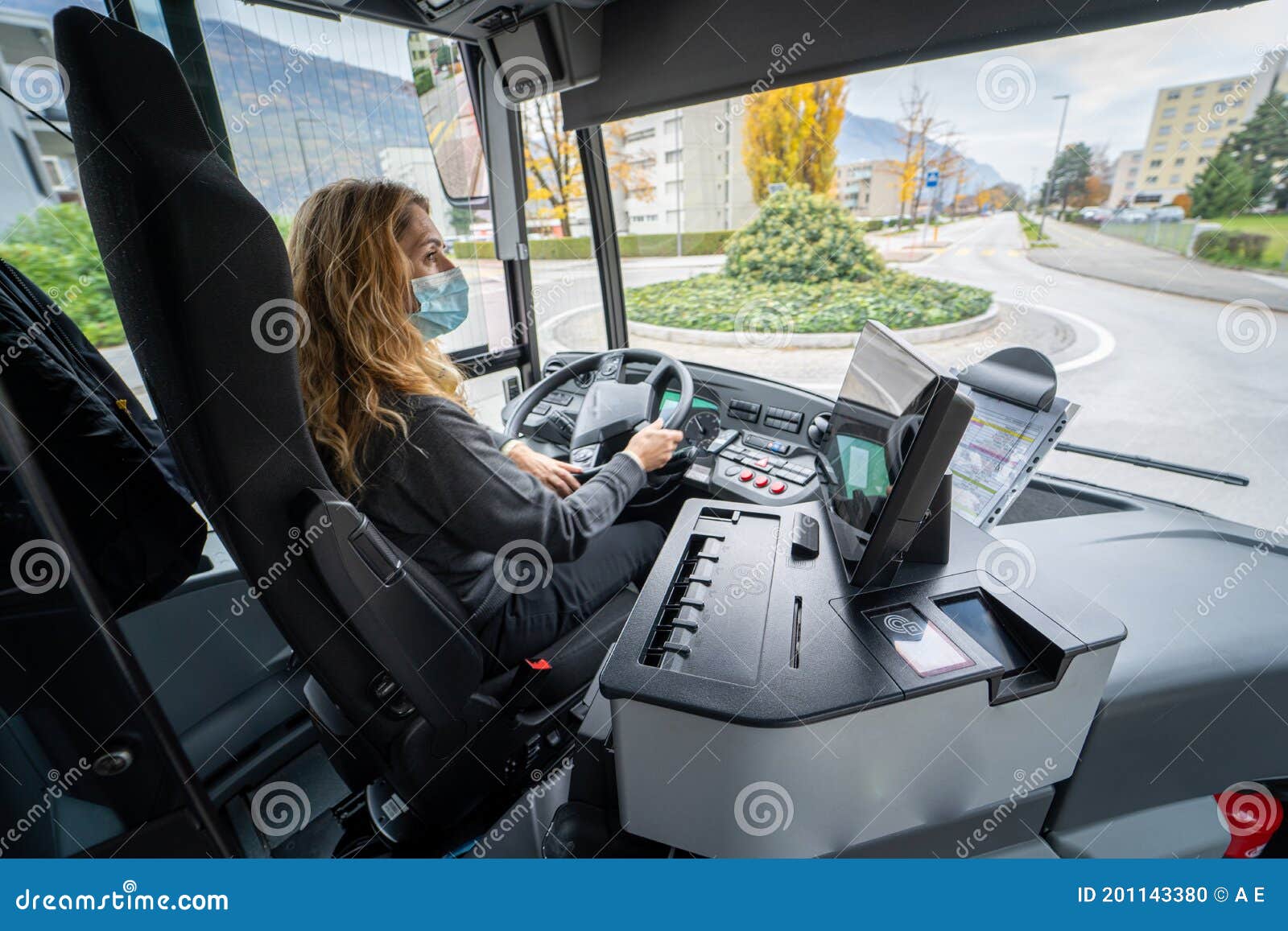 Driver Woman Day at Work with Mask Stock Photo - Image of coach ...