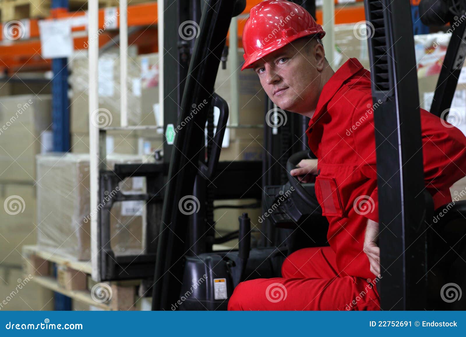 Driver Worker in Red Uniform and Safety Helmet Stock Image - Image of ...
