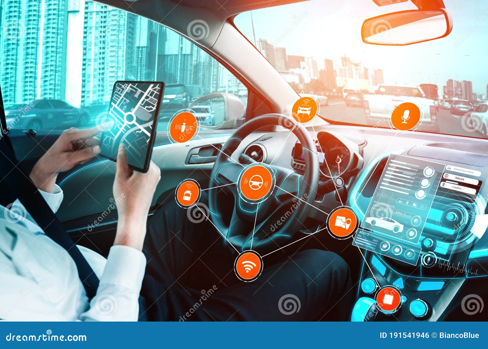 Driverless Car Interior With Futuristic Dashboard For Autonomous ... Driverless Car Interior With Futuristic Dashboard For Autonomous ...