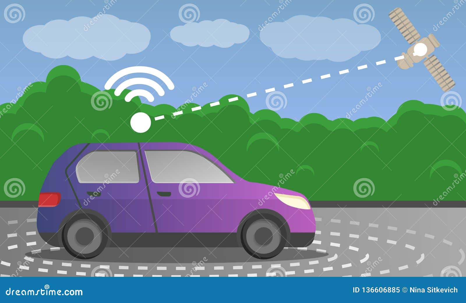 Driverless Car Satellite Concept Background, Cartoon Style Stock Vector ...