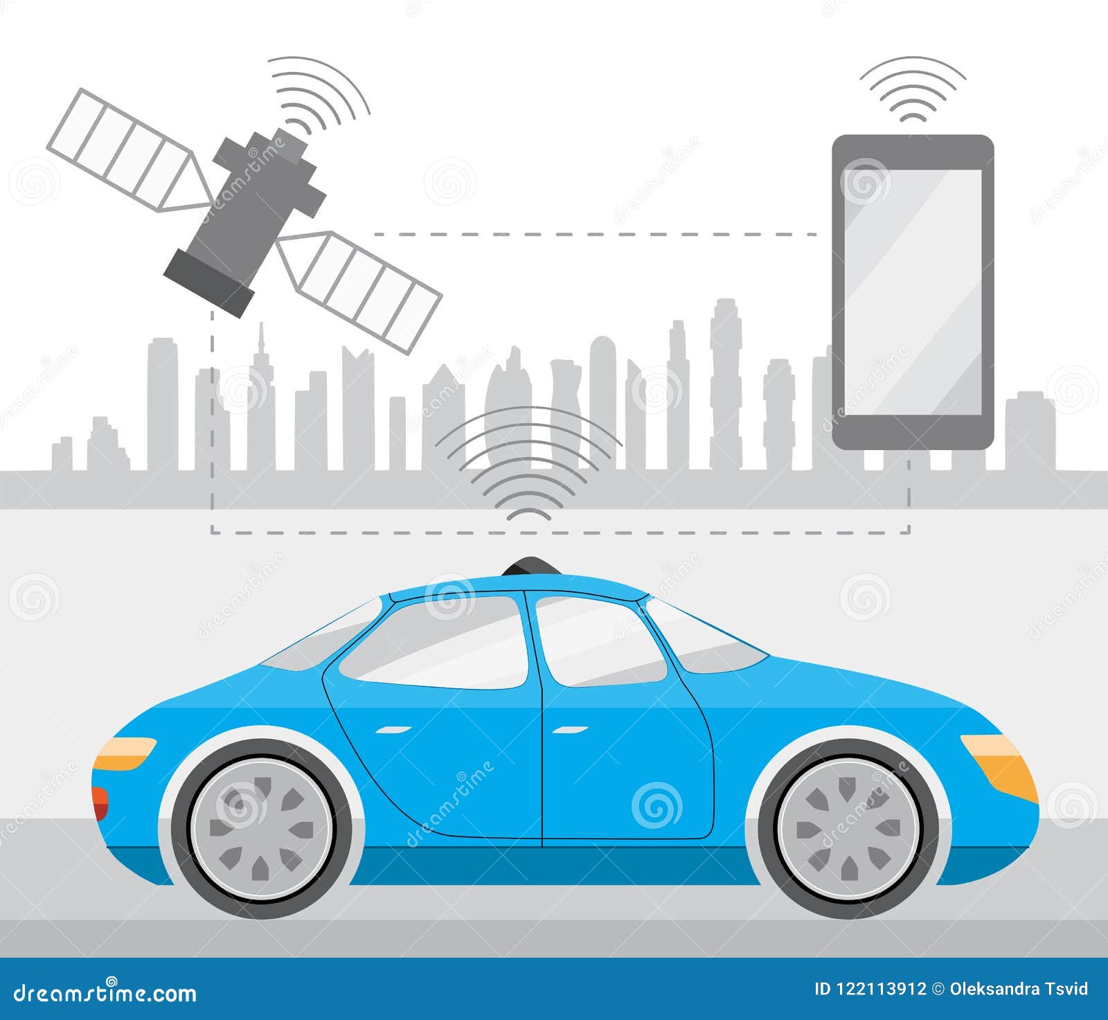 Driverless Robotic Self-driving Cars On City Background. Vector ...