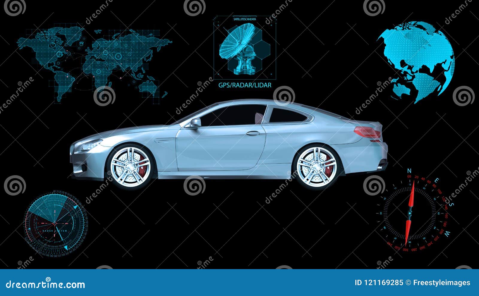 Driverless Vehicle, Autonomous Sedan Car on Black Background with ...