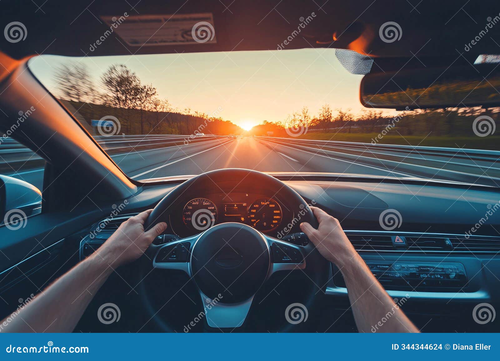 Drivers Point of View of Hands Driving Modern Car on the Road with Copy ...