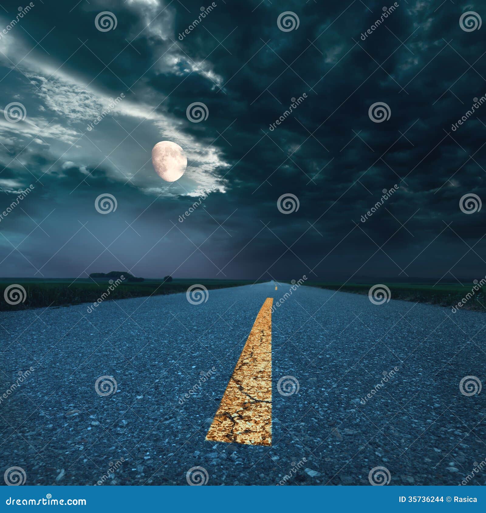 Driving on Asphalt Road at Night Towards the Moon Stock Photo - Image ...
