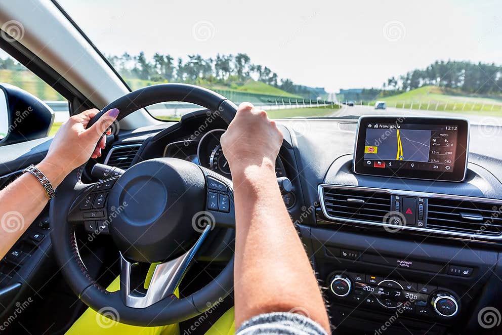 Driving a Car with Navigation Stock Photo - Image of motion, freeway ...