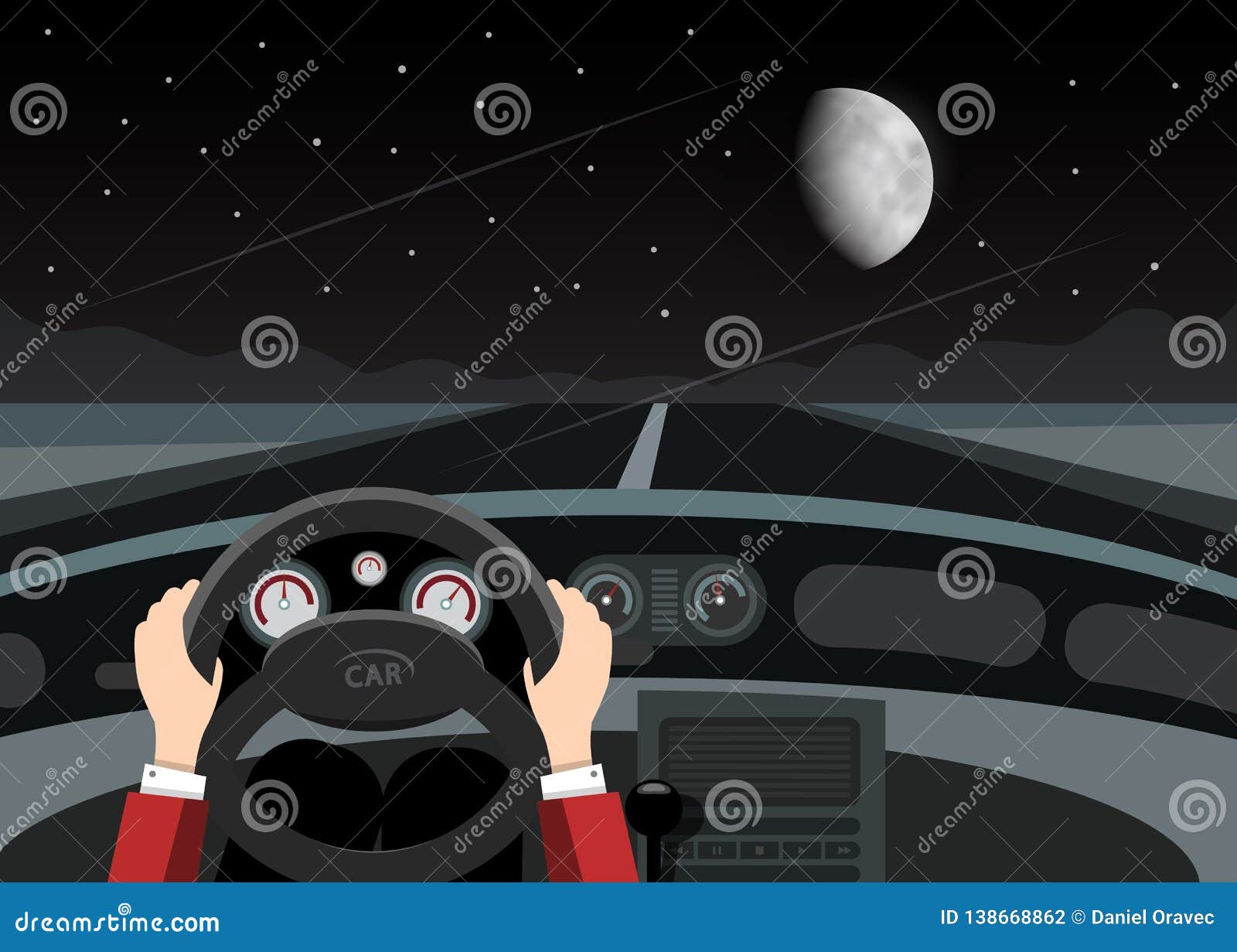 Driving Car on Night with Empty Road, Stars and Moon Stock Vector ...