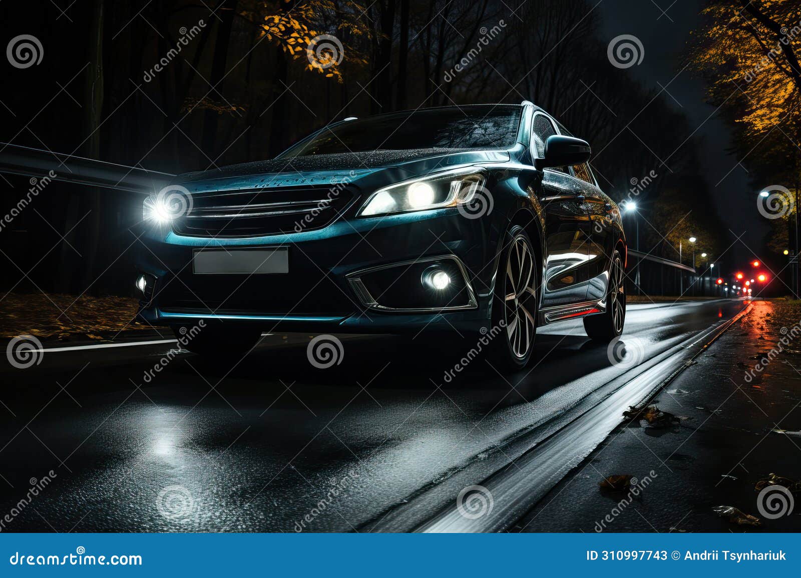 Driving a Car SUV in the Dark with Headlights on. Stock Image - Image ...