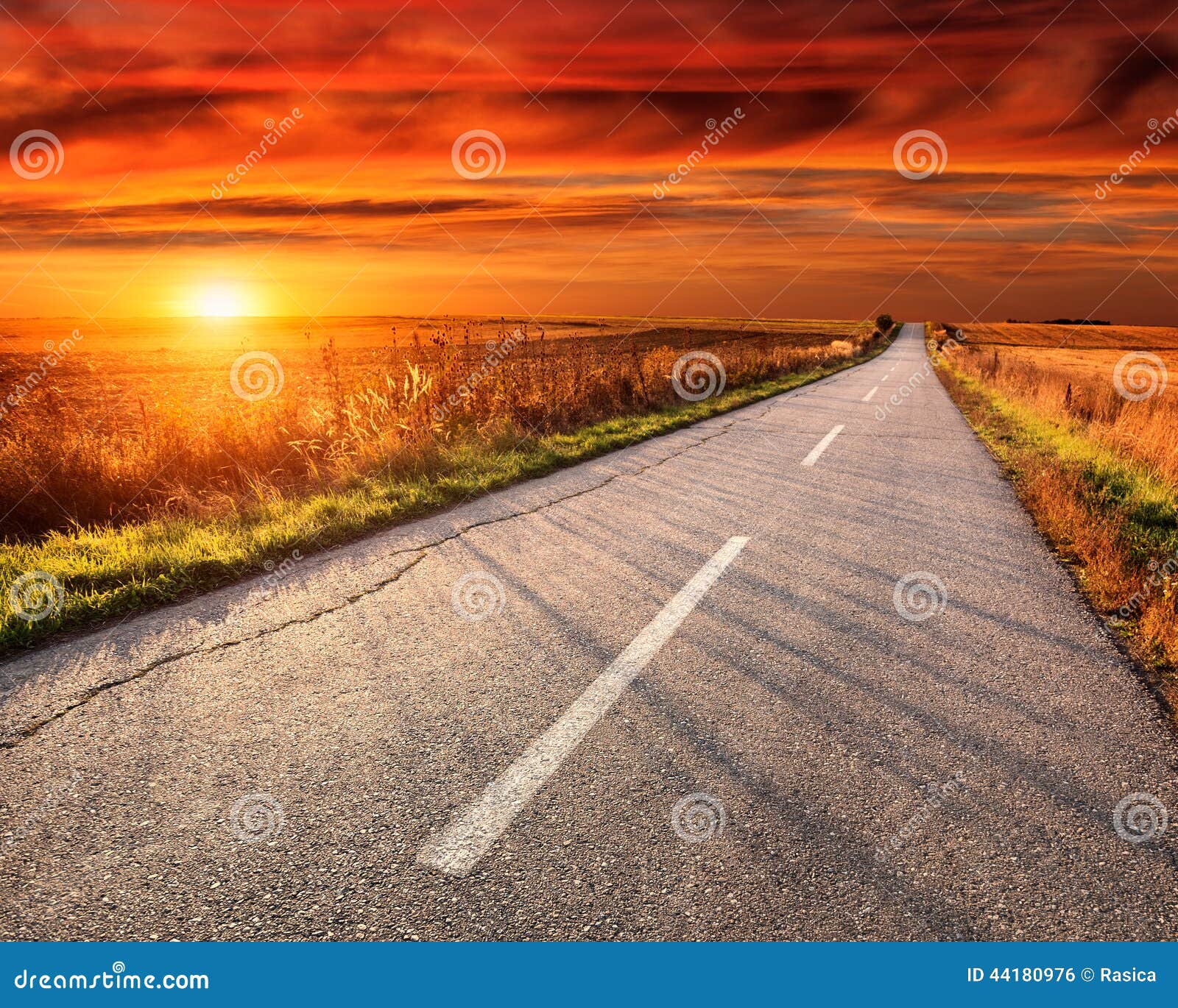 Driving on an Empty Road at Sunset Stock Photo - Image of meadow, line ...