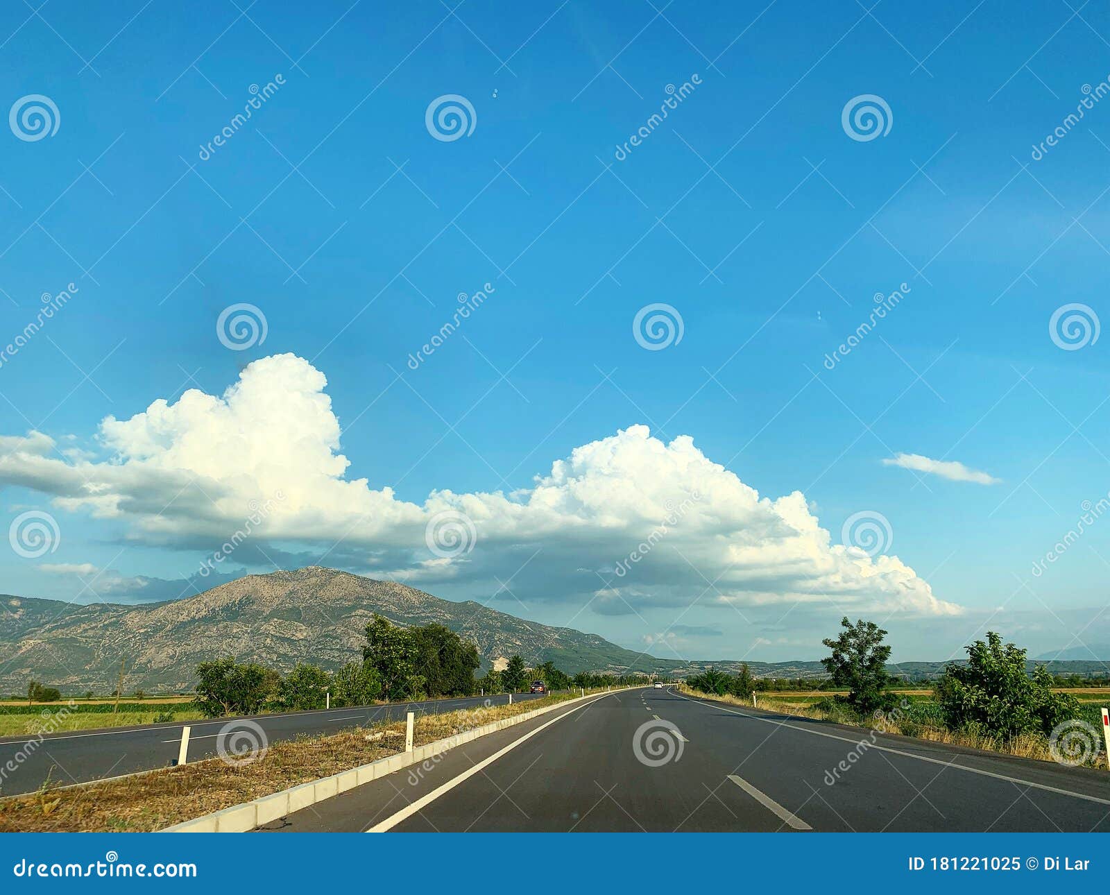 Driving Highway on Blue Sky Background Stock Image - Image of mountains ...