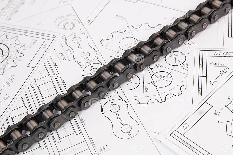 Driving Industrial Roller Chain on a Print Engineering Drawings Stock ...