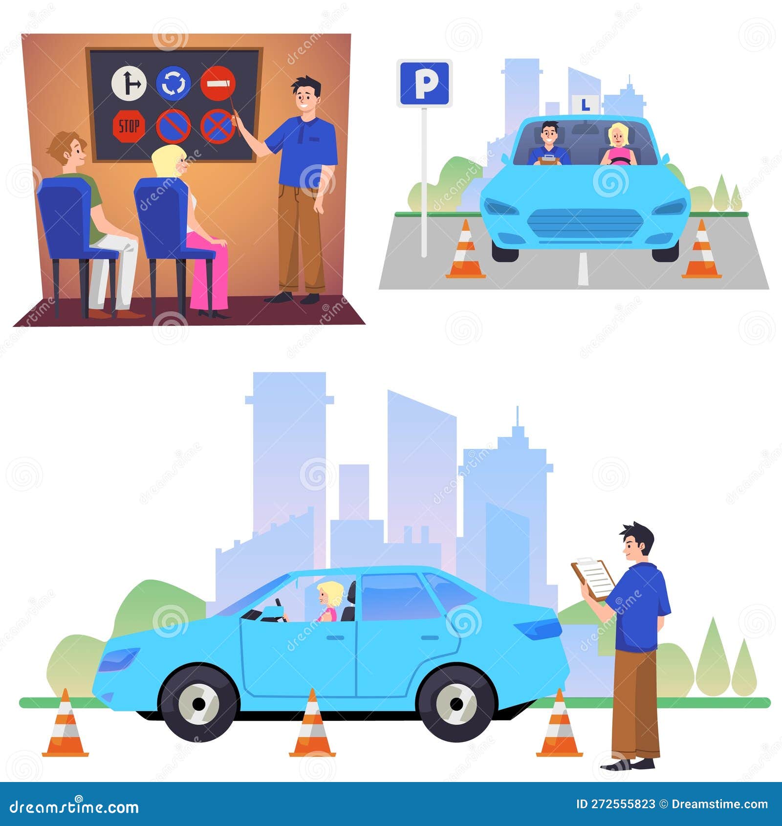 Driving Instructor Conducts Lessons and Exams at School Flat Vector ...