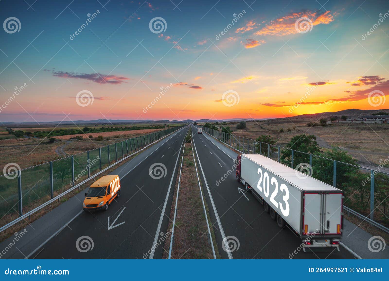 Driving on Open Road at Beautiful Sunset Toward Upcoming New Year 2023 ...