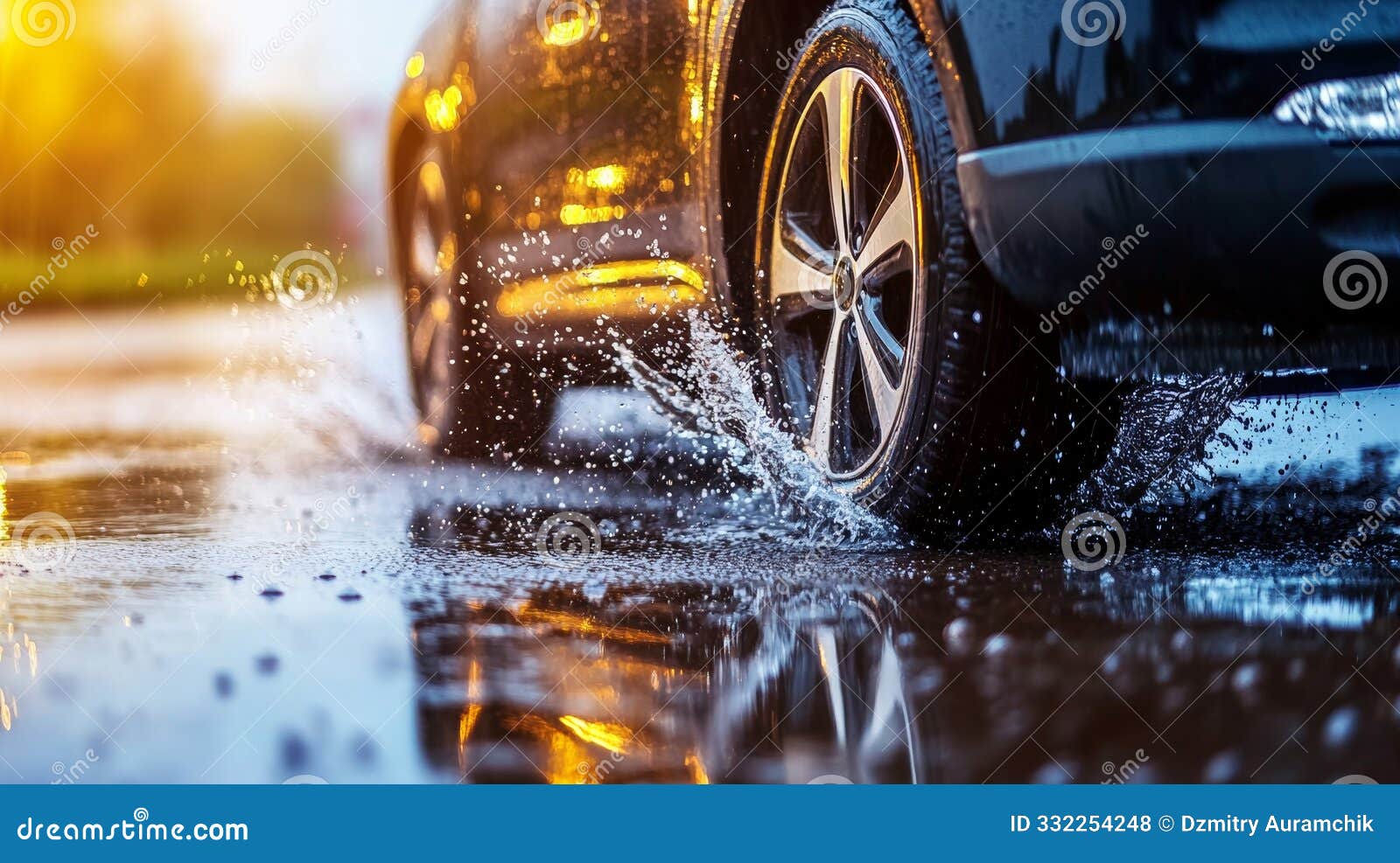 Driving through the Puddle and Splashing with Water Stock Photo - Image ...