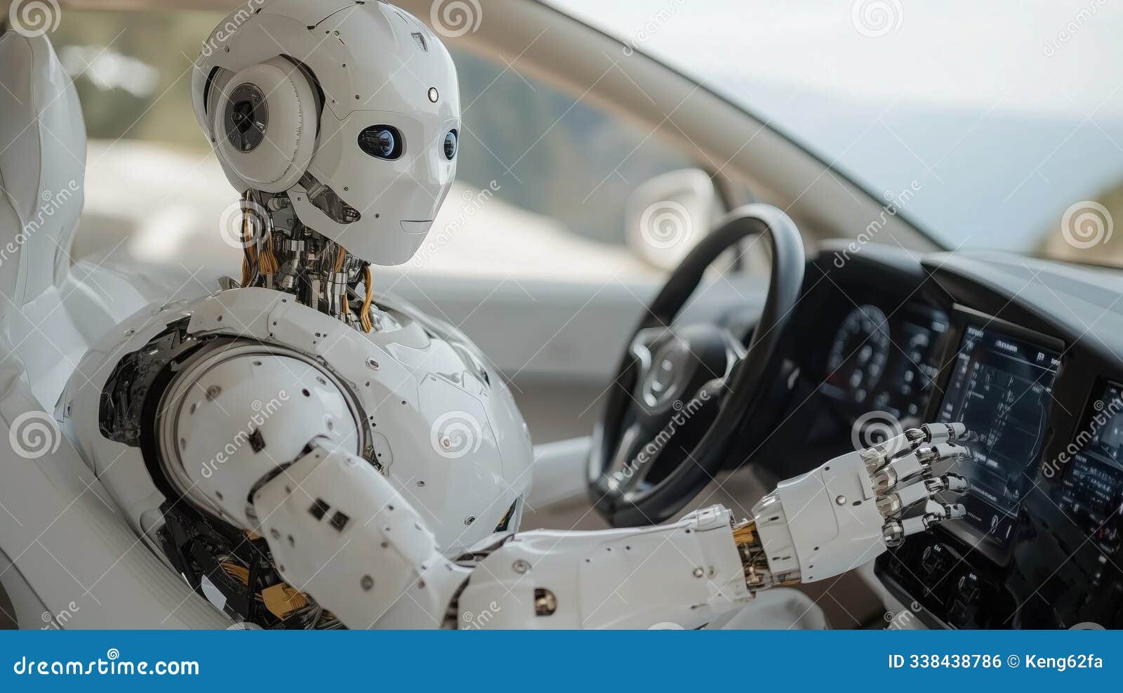 Driving Robot in Futuristic Car, Showcasing Advanced Technology and ...