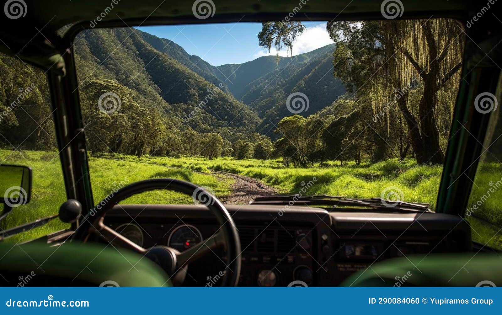 Driving through the Rural Landscape, a Car Speeds through the Mountains ...