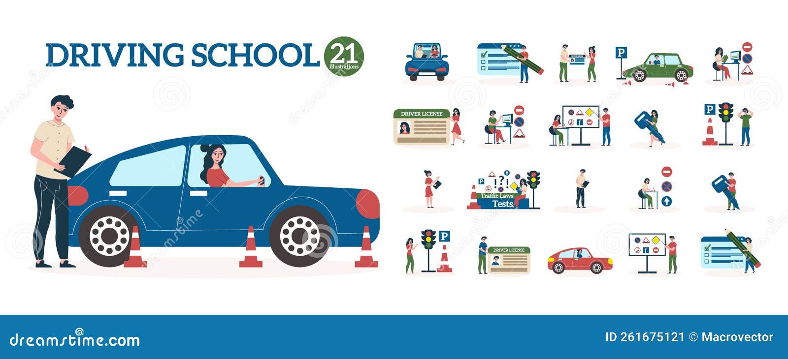 Driving School Flat Set stock vector. Illustration of character - 261675121