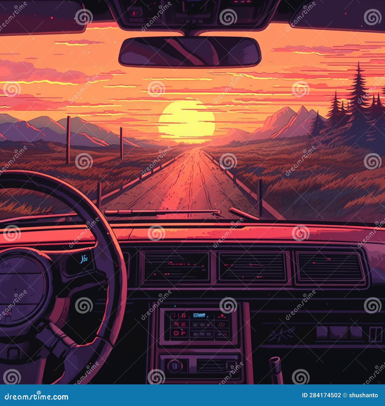 Driving during the sunset stock illustration. Illustration of asphalt ...