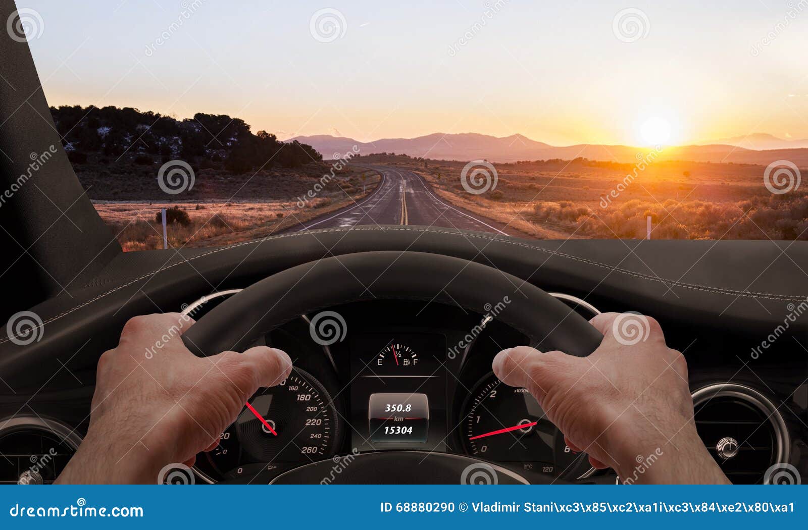 Driving at Sunset. View from the Driver Angle while Hands on the Wheel ...