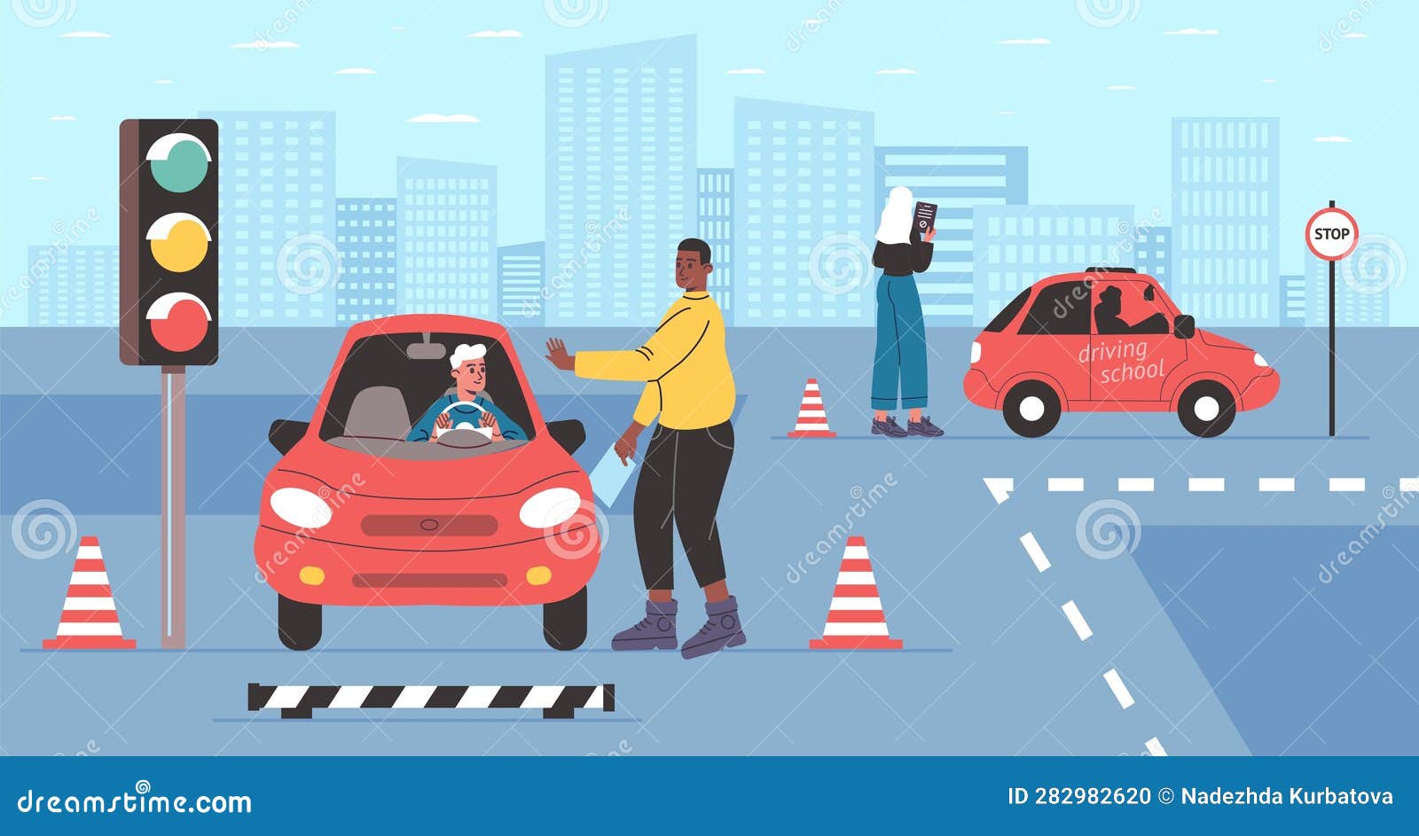 Driving Test. Instructor Is Examining Drive School Student. Teacher ...