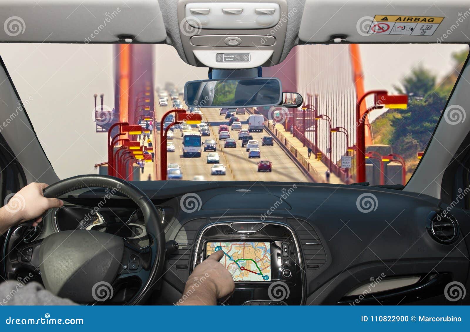 Driving Using Navigation System, Golden Gate Bridge, San Francis Stock ...