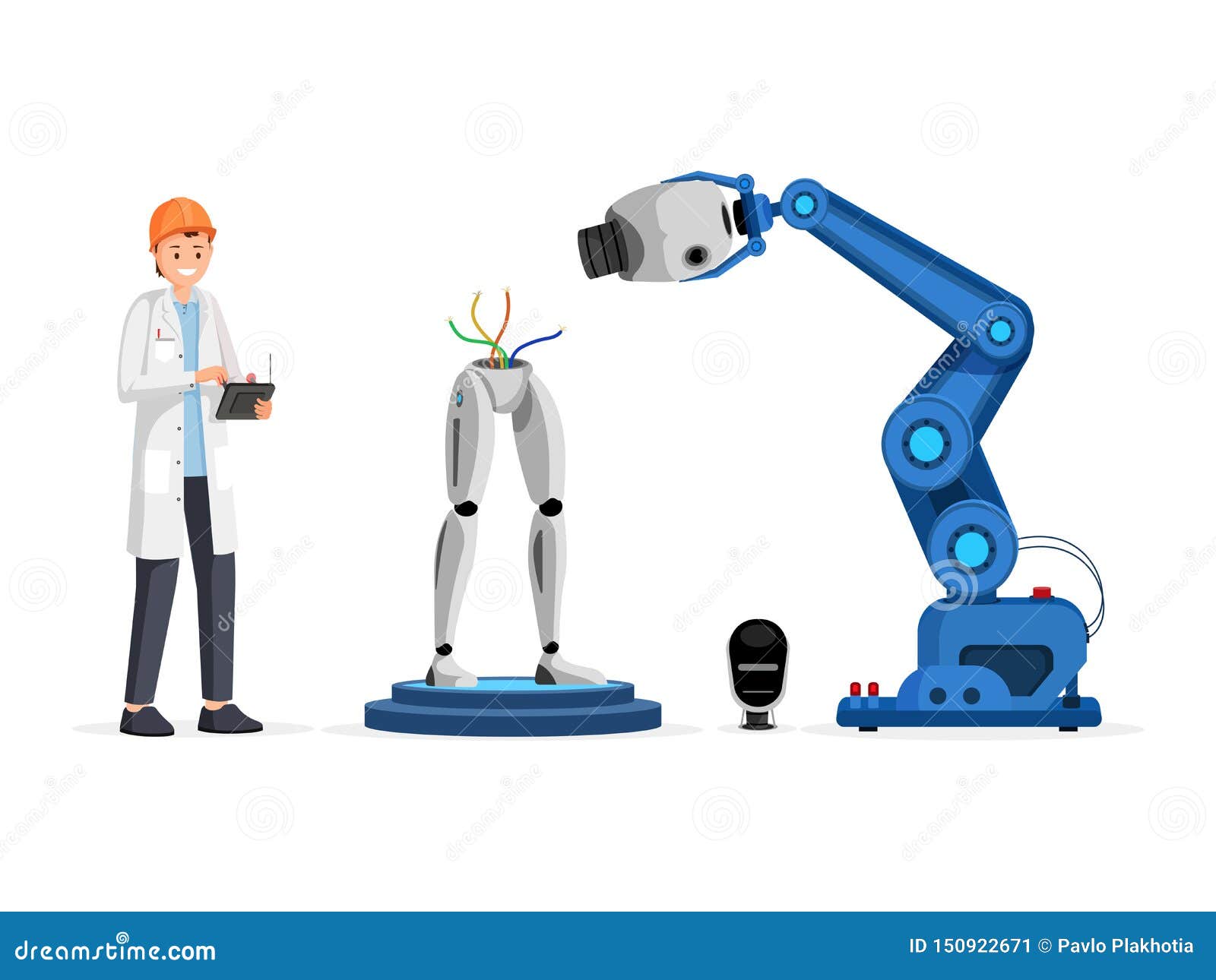 Droid Engineering Process Flat Vector Illustration. Smiling Scientist ...