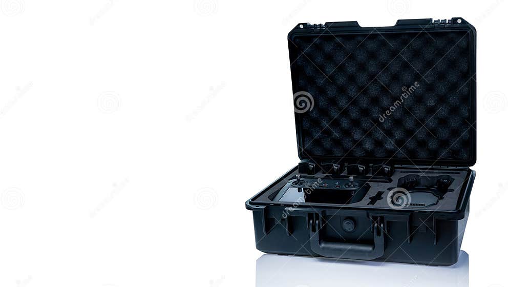 Drone And Accessories In Plastic Case Isolated On White Background Uav