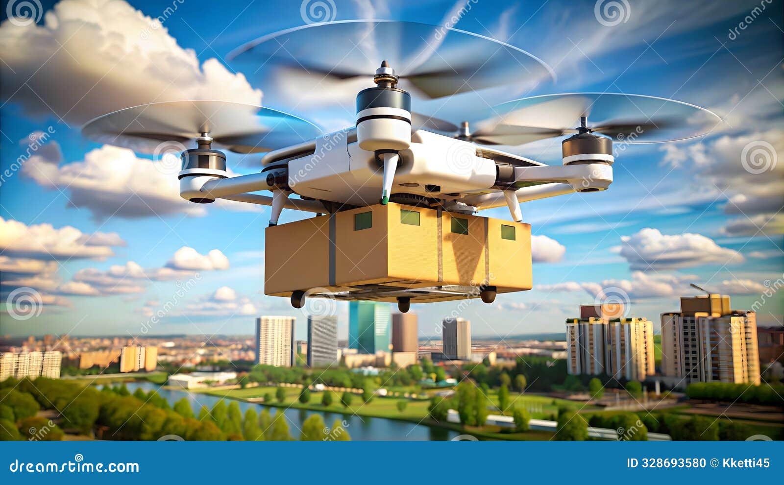 Drone with Action Camera Flying Over the City. 3d Render Stock ...
