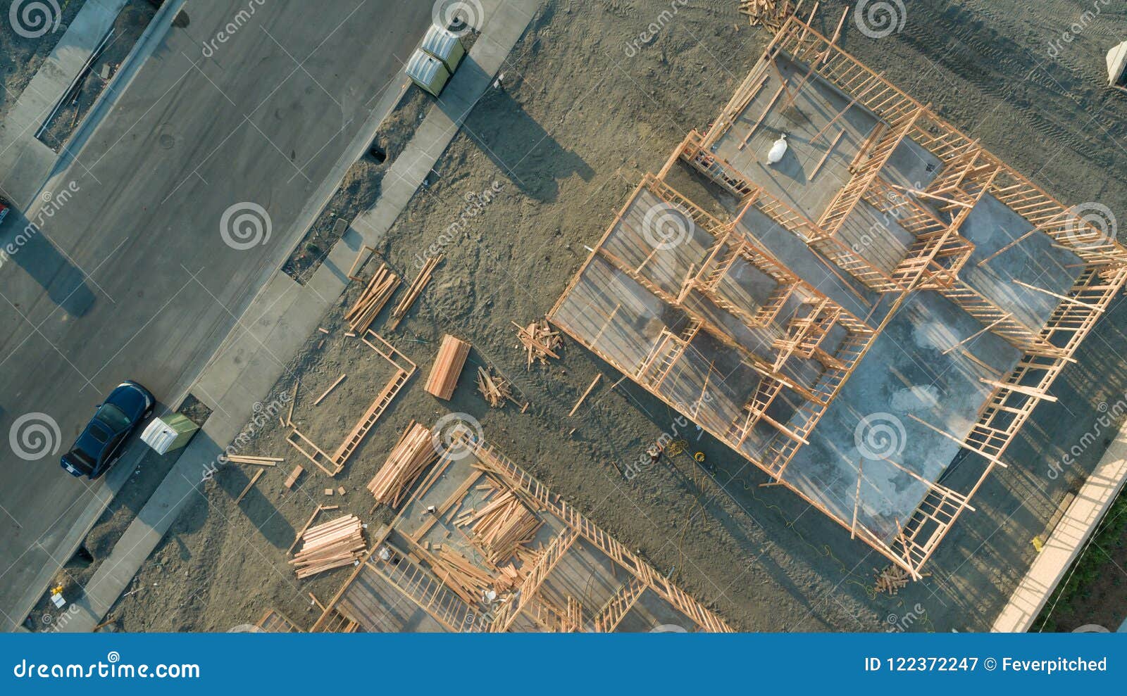 Drone Aerial View of Home Construction Site Foundations and Framing ...