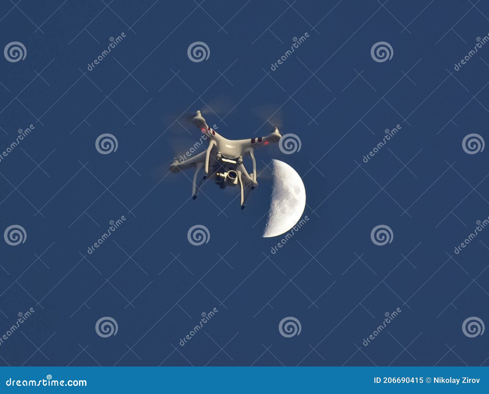 Drone Against Moon and Blue Sky. Flying Drone with Camera Stock Image ...