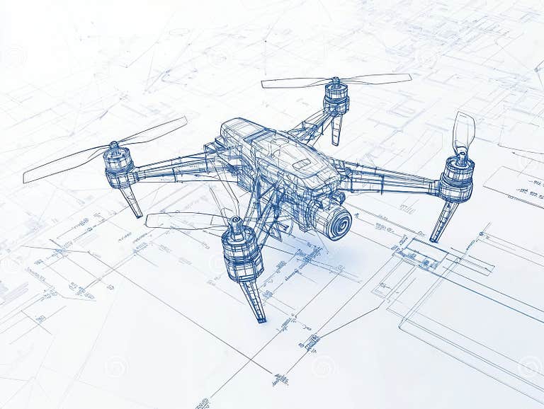 Drone with Architectural Blueprints and Design Plans on a Construction ...